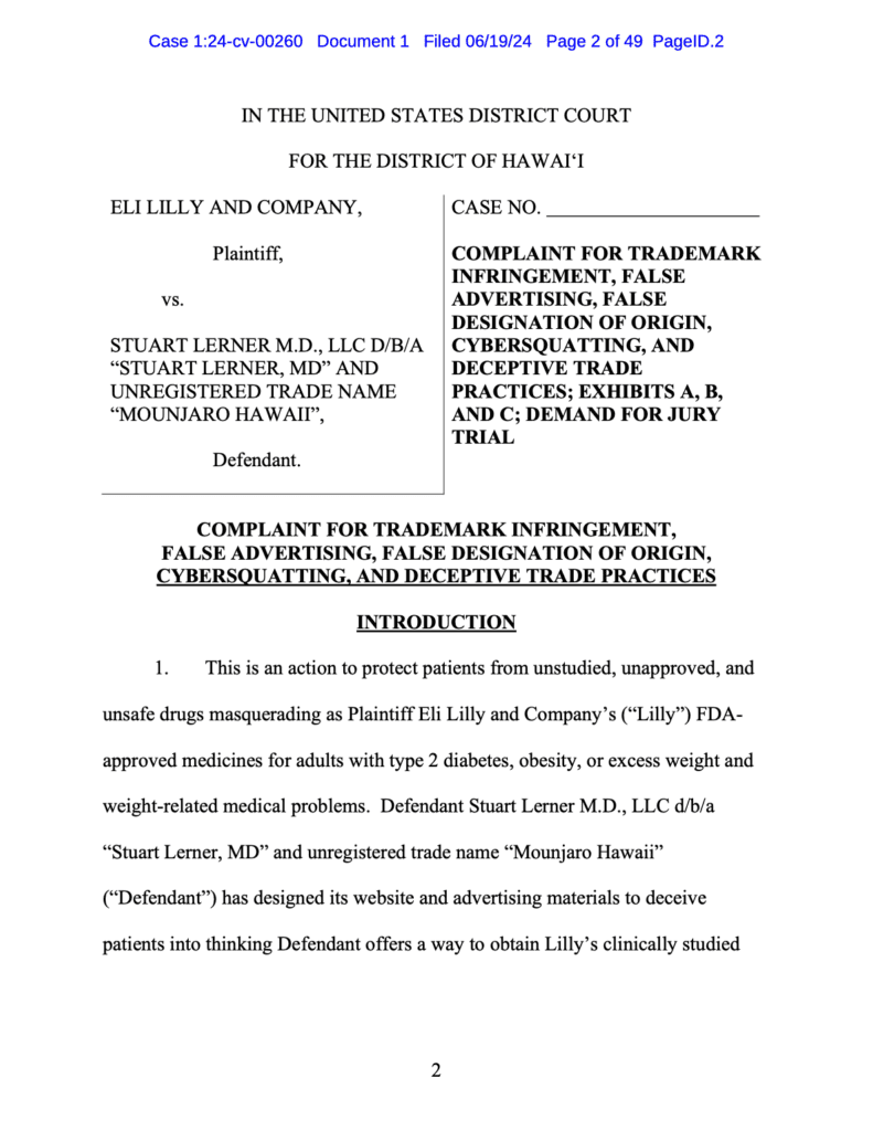 Eli Lilly and Company v Stuart Lerner M.D., LLC , Complaint ...