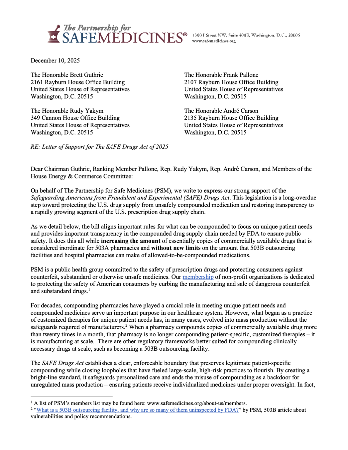 PSM urges the House Energy & Commerce Committee to support the SAFE Drugs Act of 2025 ...
